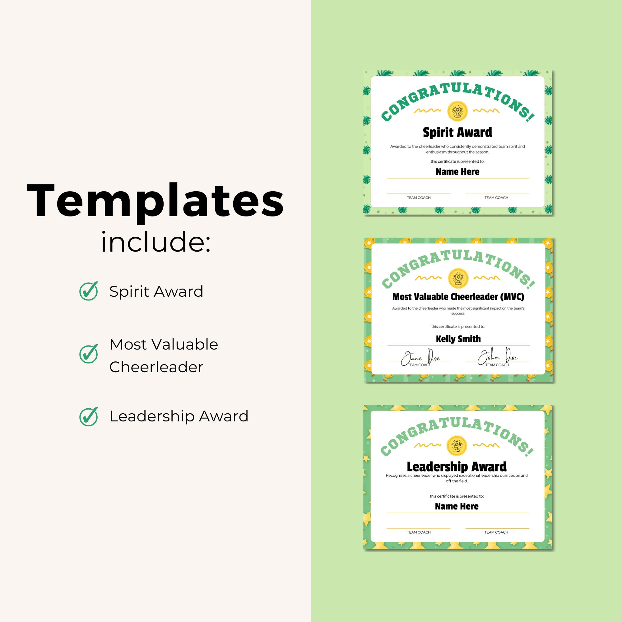 Editable Green Cheerleading Awards Certificate, Printable Cheer ...