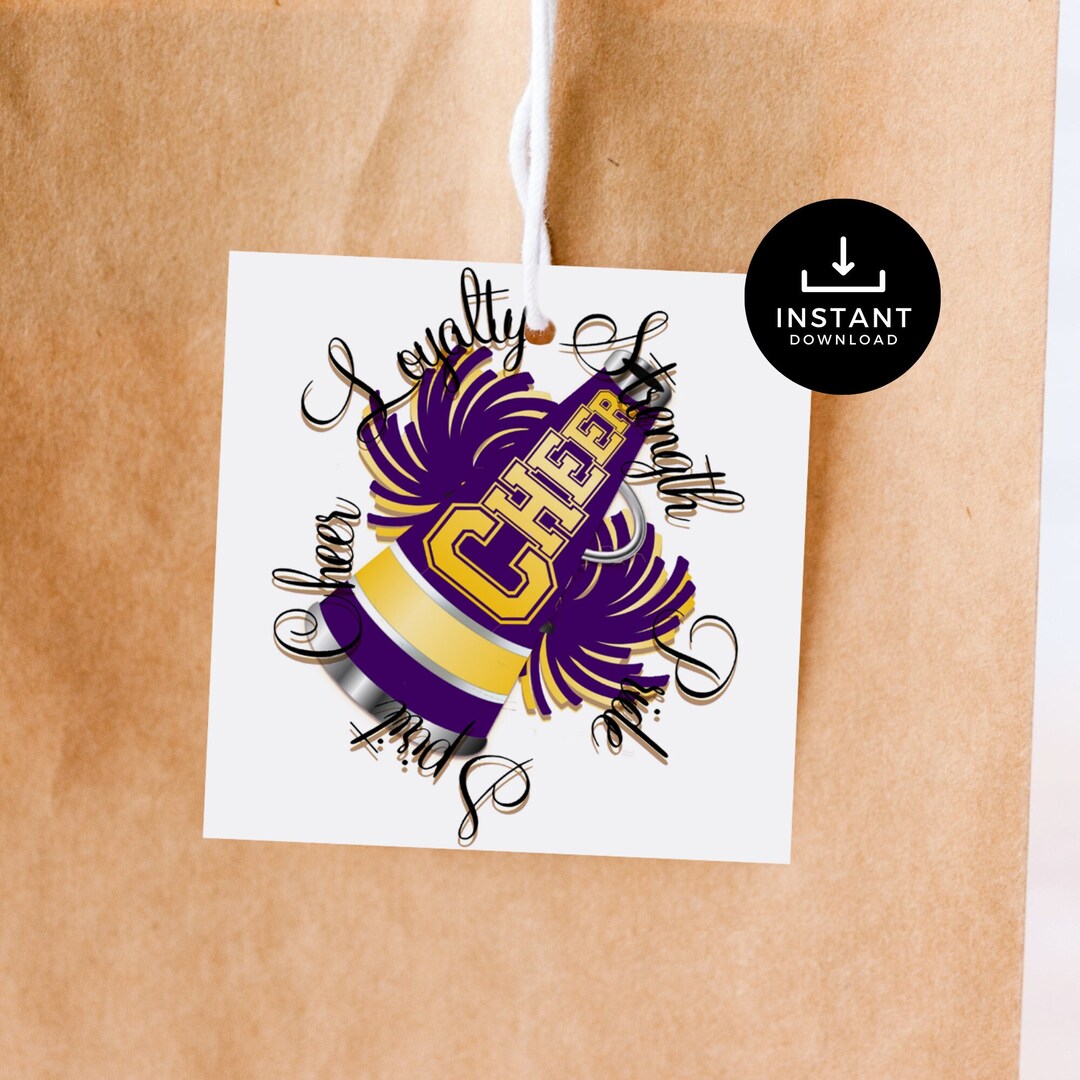 Cheerleading Favor Tags, Pom Pom Tags, Cheer Gift Ideas, Purple and ...