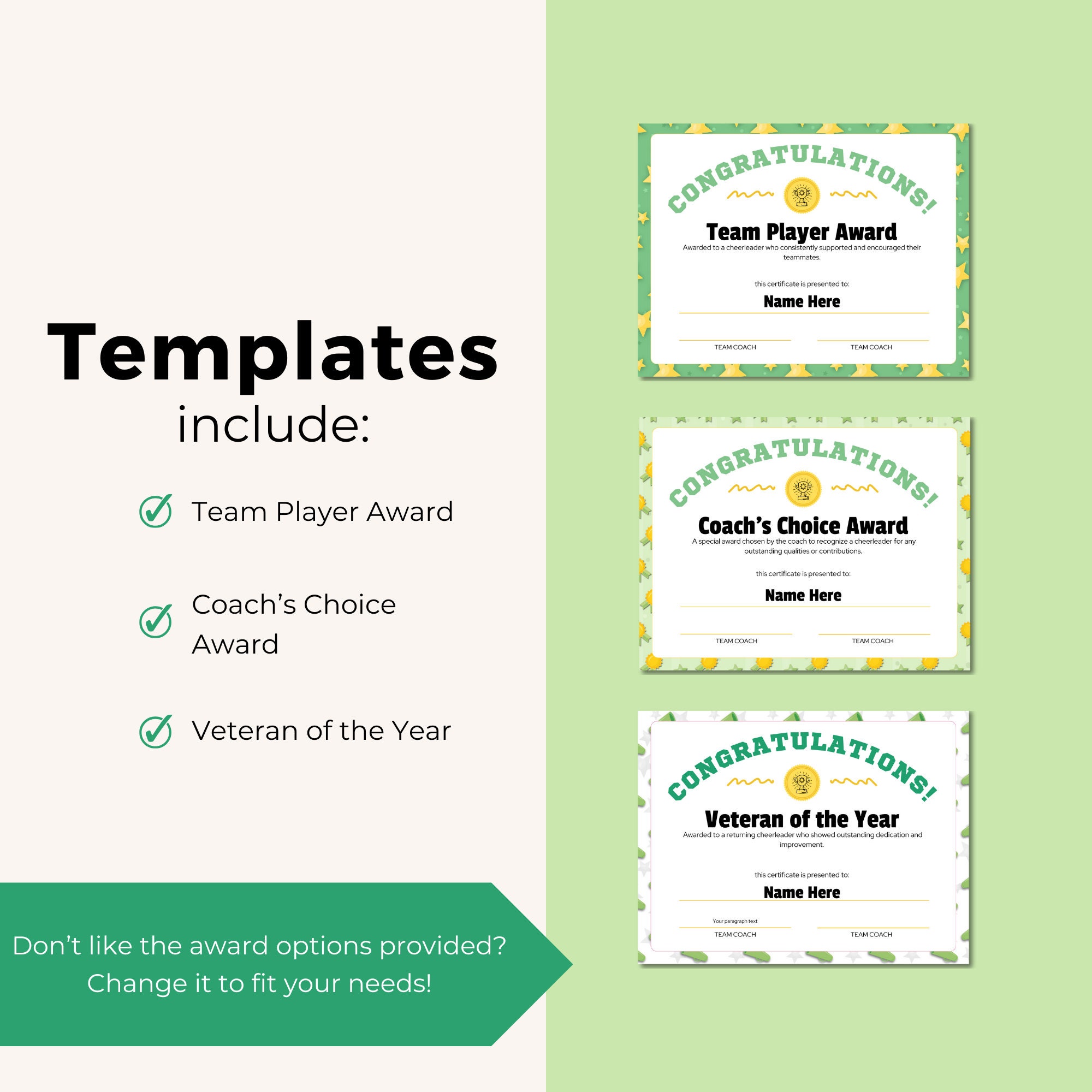 Editable Green Cheerleading Awards Certificate, Printable Cheer ...