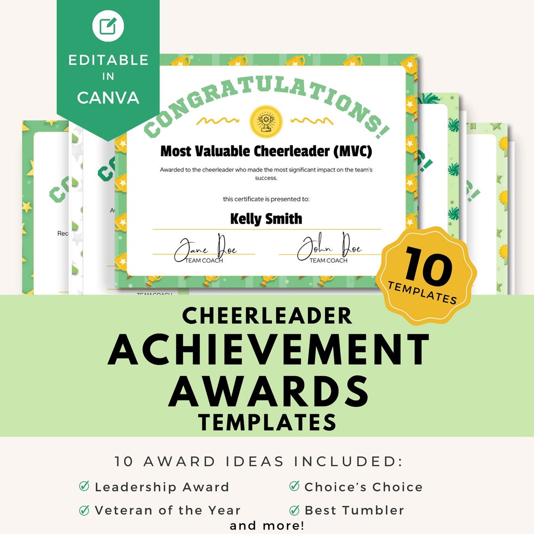 Editable Green Cheerleading Awards Certificate, Printable Cheer ...