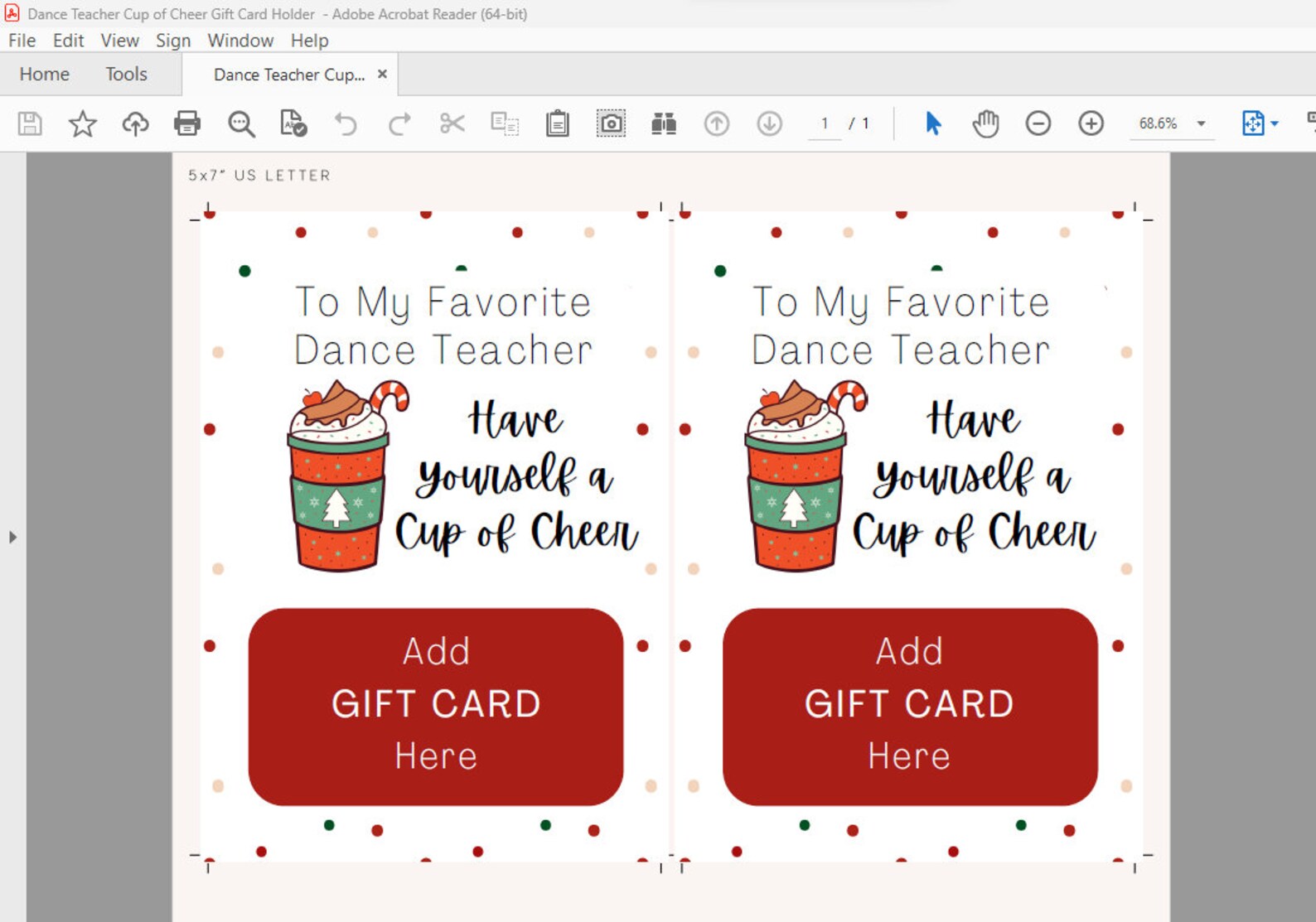 Printable Dance Teacher Coffee Gift Card Holder, Christmas Gift Card ...