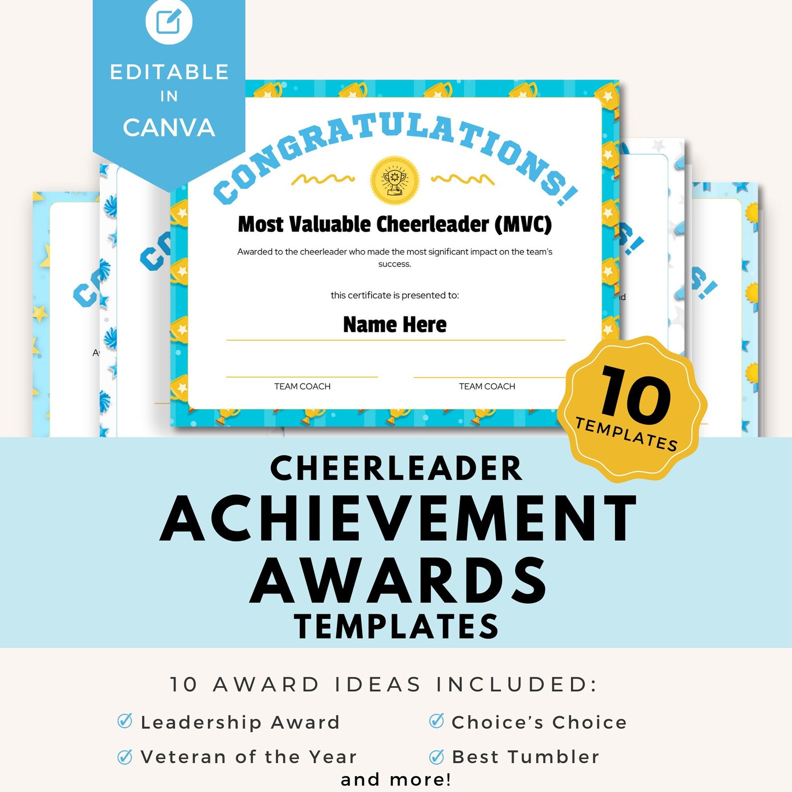 Editable Blue Cheerleading Awards Certificate, Printable Cheer ...