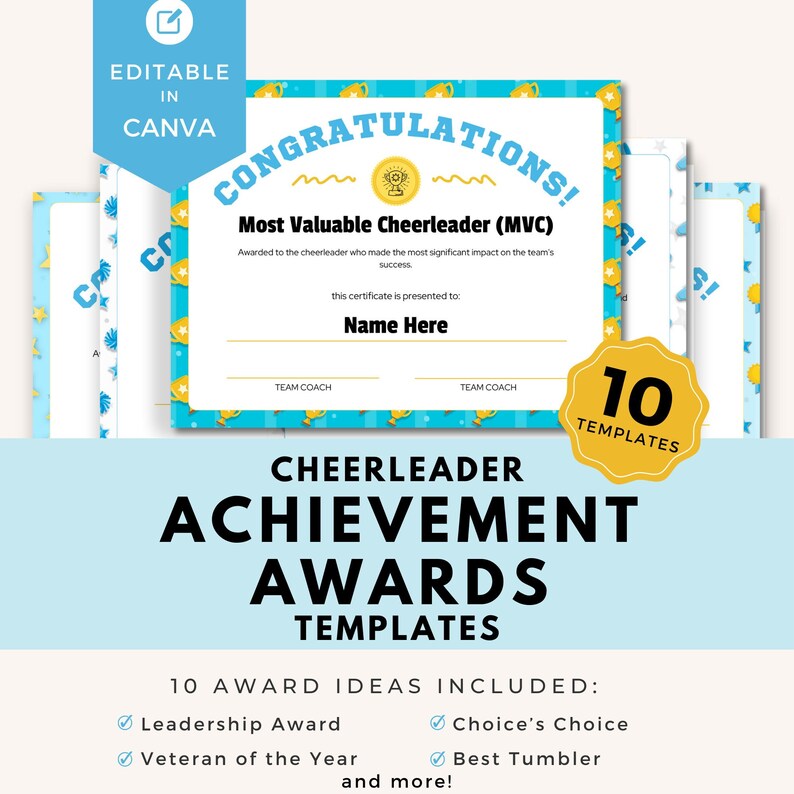 Editable Blue Cheerleading Awards Certificate, Printable Cheer ...