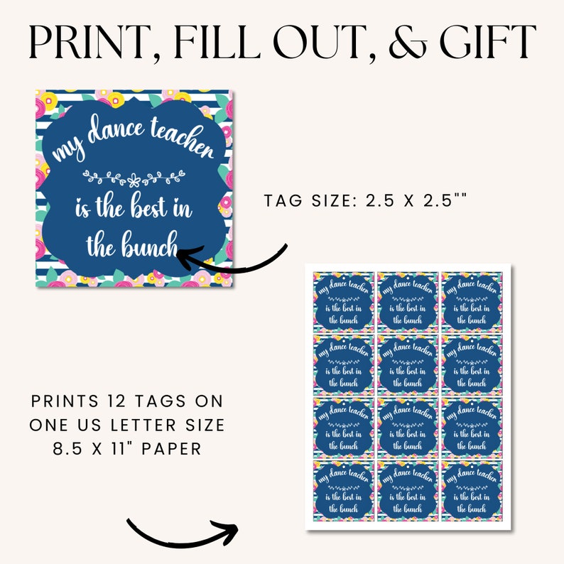 Printable Dance Teacher Gift Tags, Thank You Flowers Tags, Dance ...