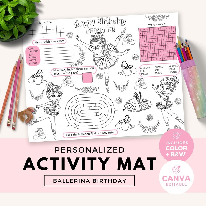 Ballerina Birthday Activity Placemat, Ballet Activity Mat, Party ...
