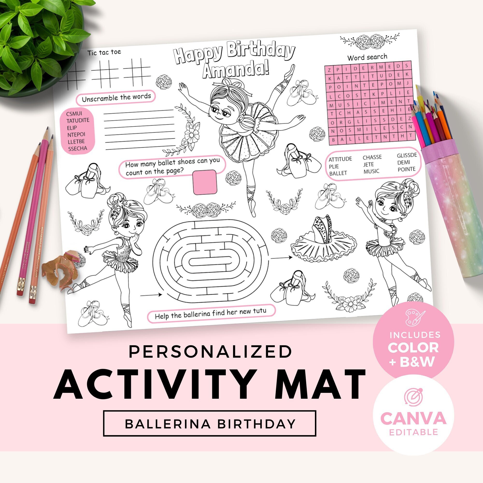 Ballerina Birthday Activity Placemat, Ballet Activity Mat, Party ...