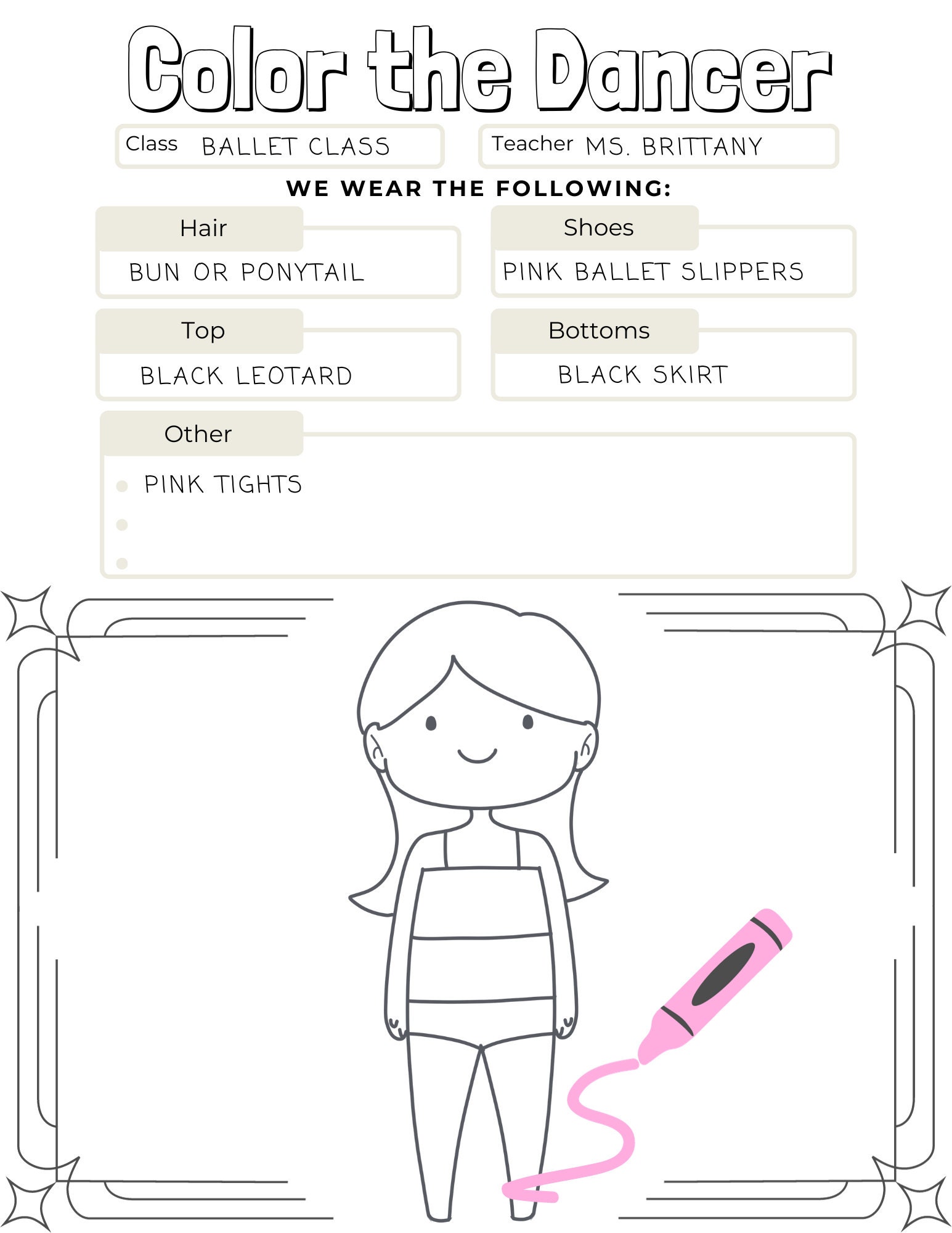 Dance Class Dress Code Worksheet - Color the Dancer Activity Page for ...