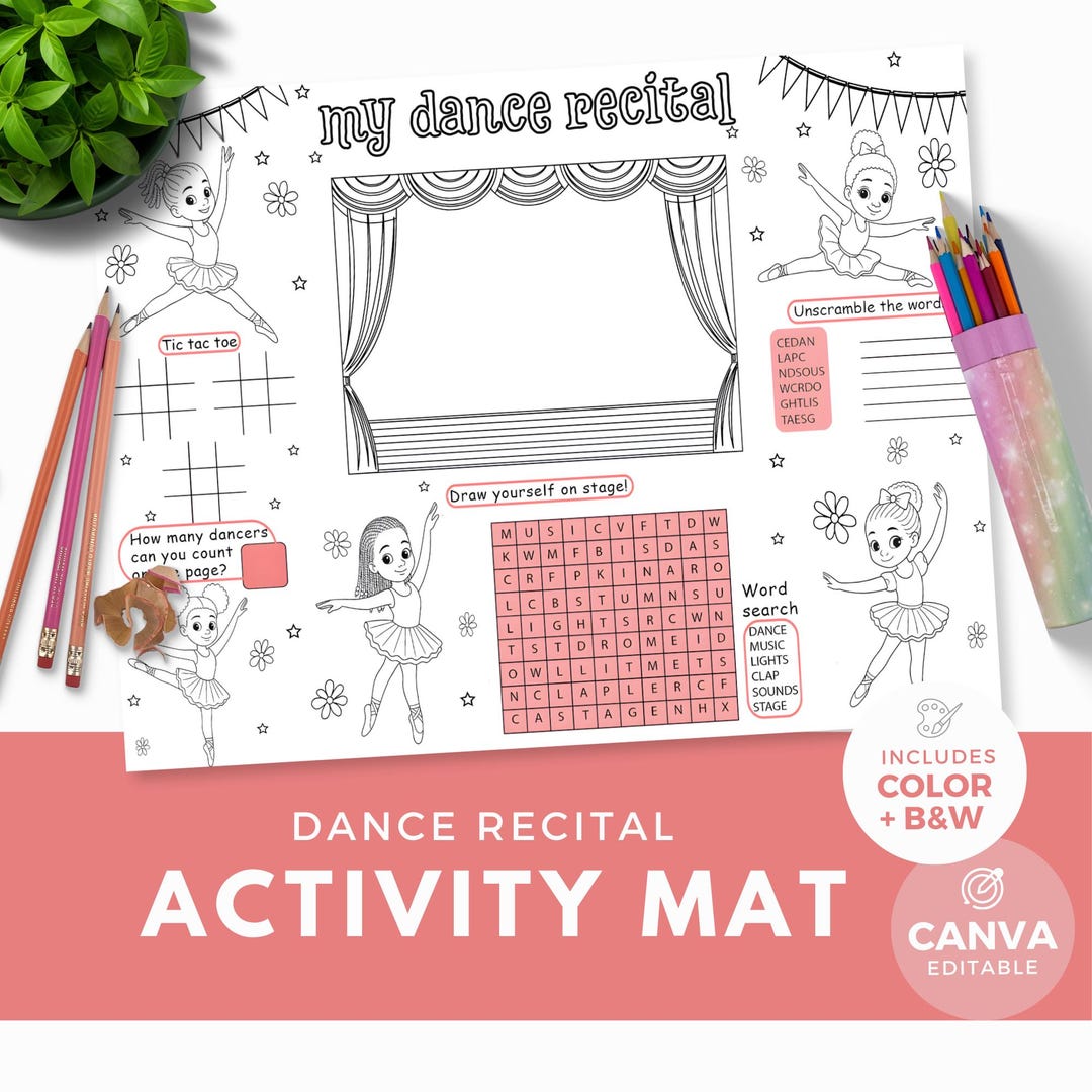 Dance Recital Printable Mat, Kids Ballet Placemat, Coloring Games for ...