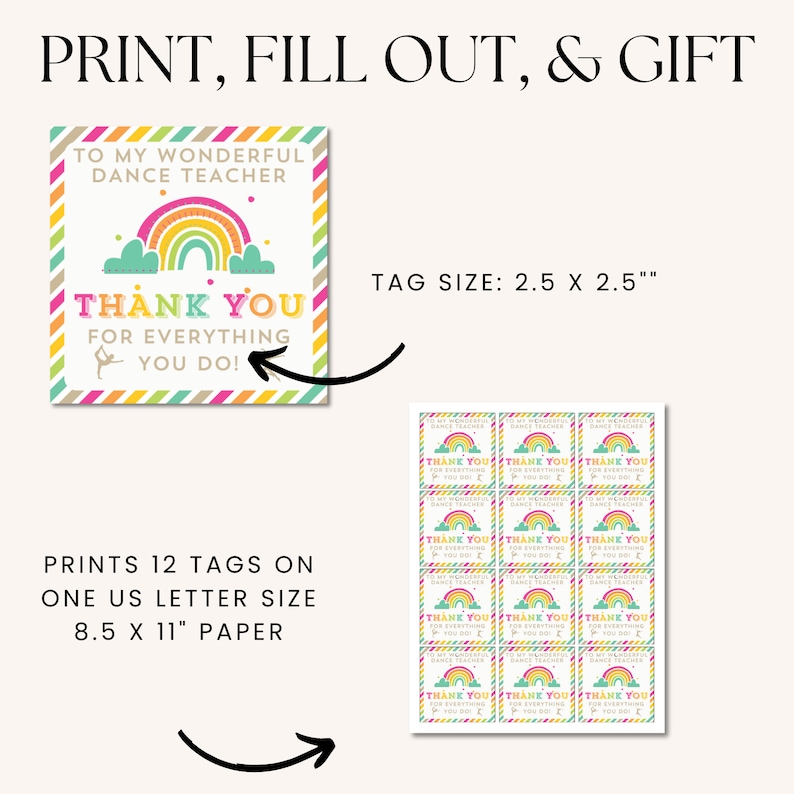 Printable Dance Teacher Gift Tags, Thank You Treat Tags, Dance Gift ...