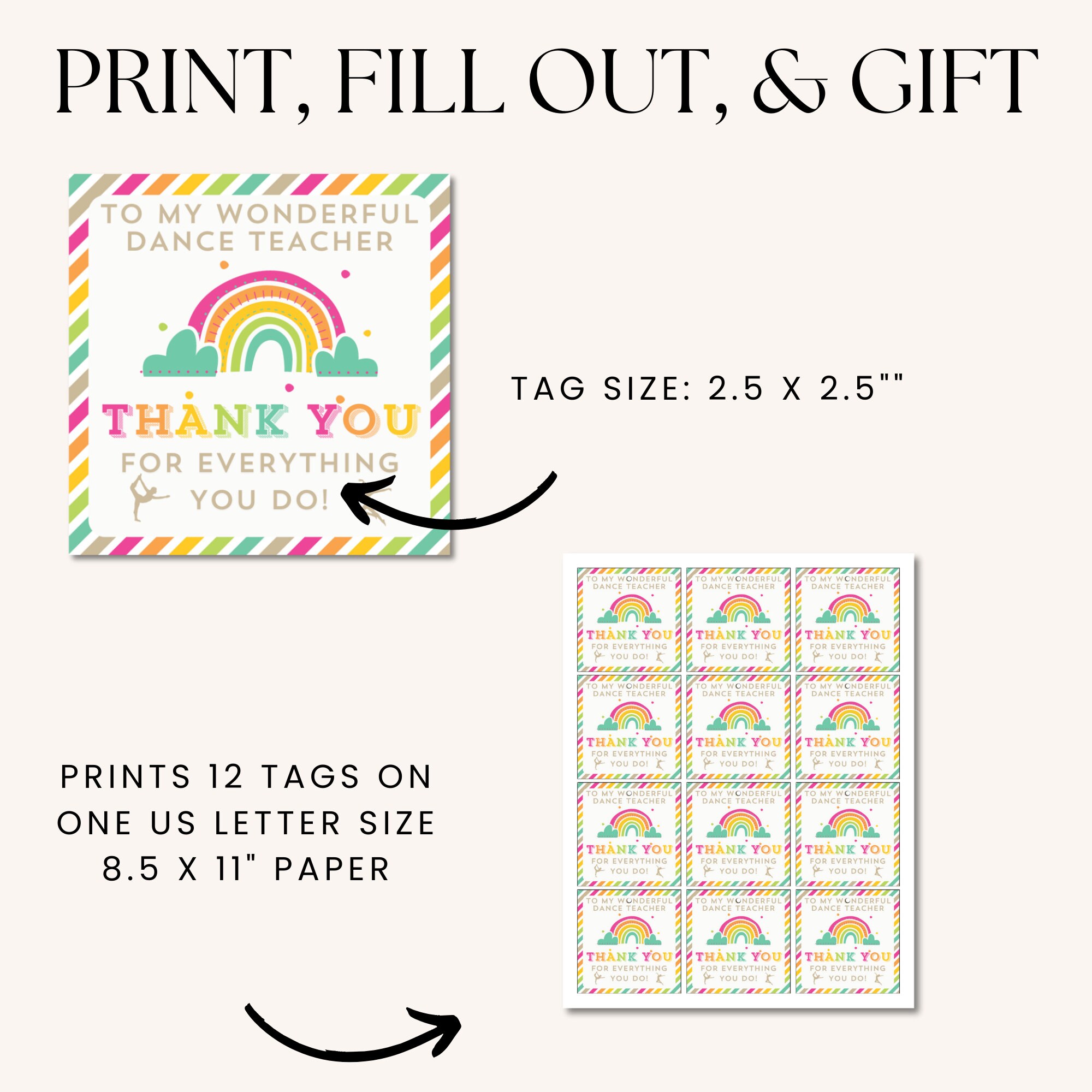Printable Dance Teacher Gift Tags, Thank You Treat Tags, Dance Gift ...