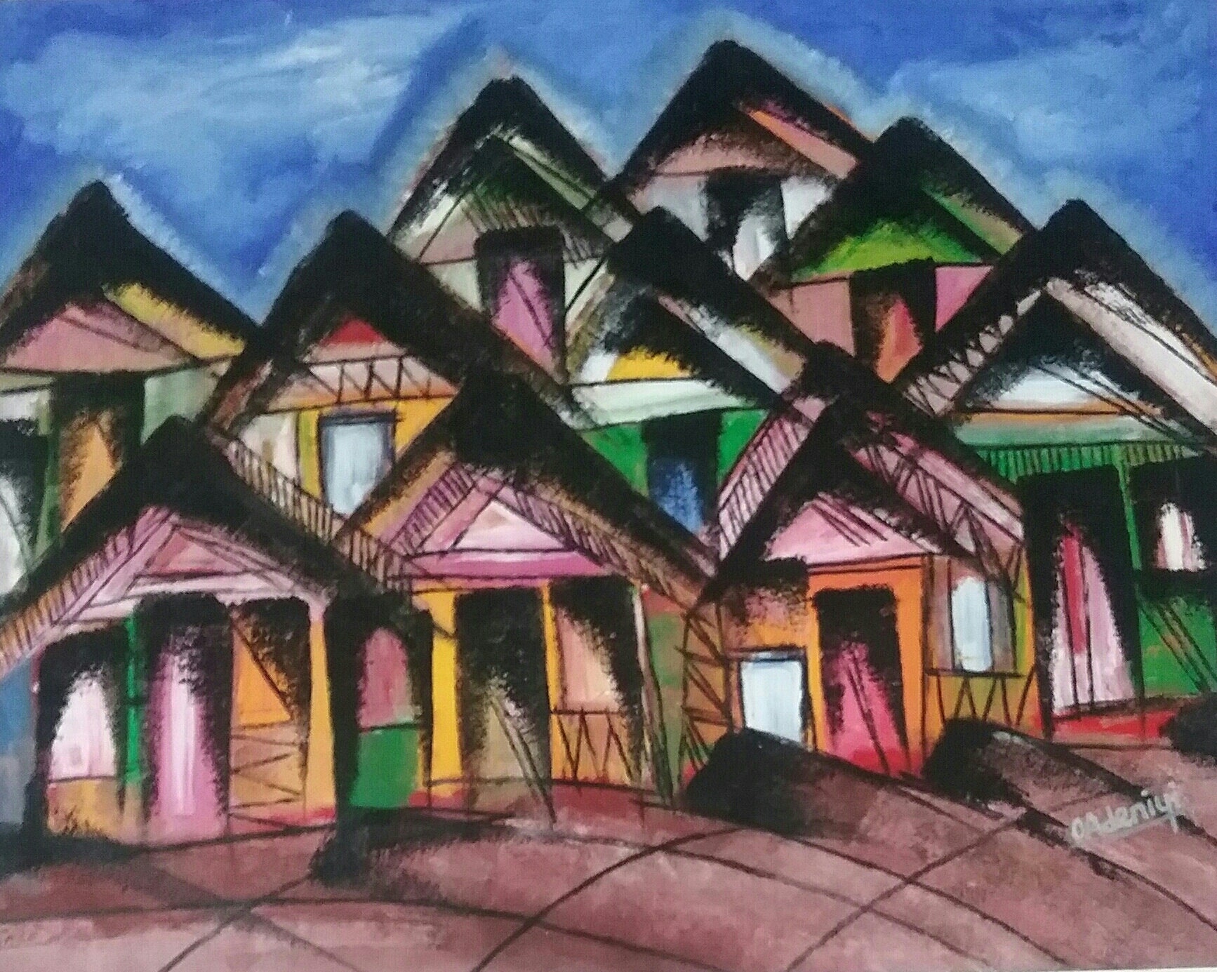 African Huts Painting: Original Oil on Canvas, Urban Art Décor (24x29 ...