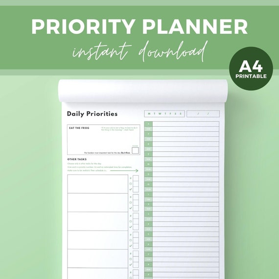 Printable A4 Priority Schedule Planner Green LL04 - Etsy