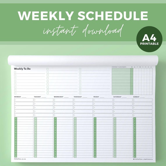 Printable A4 Weekly Schedule Planner Green LL04 - Etsy