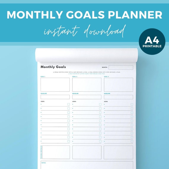 Printable A4 Monthly Goals Planner Blue LL03 - Etsy