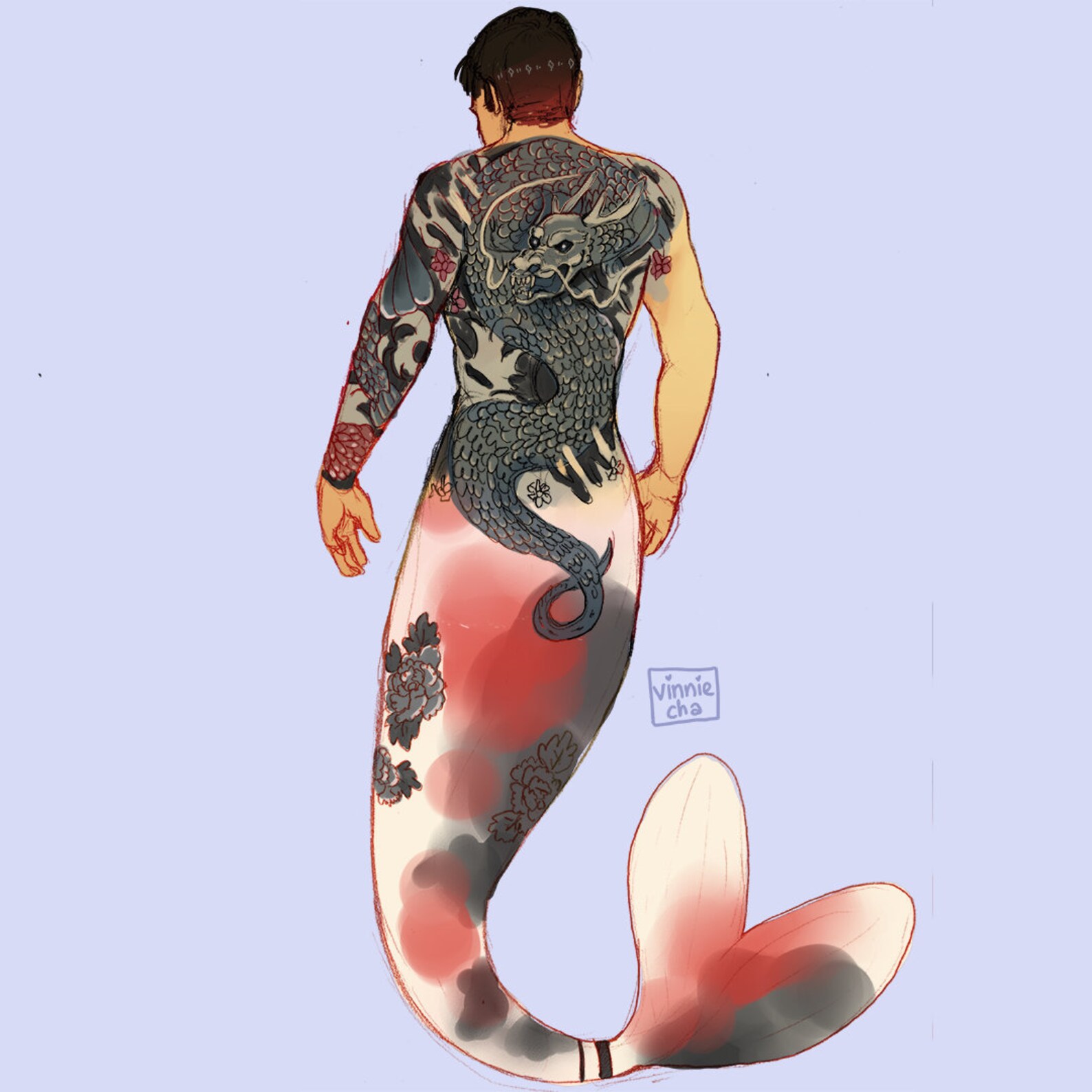 Tattooed Koi Merman A4 Print - Etsy
