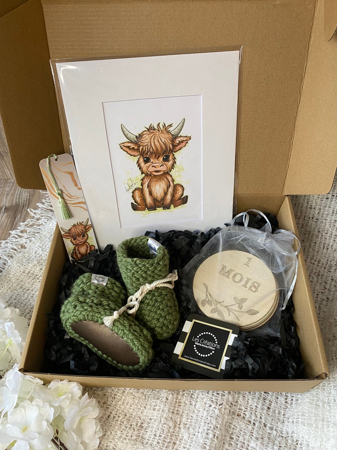 Birth Gift Box, Poster, Bookmark, Sage Green Knitted Slippers, Wooden ...