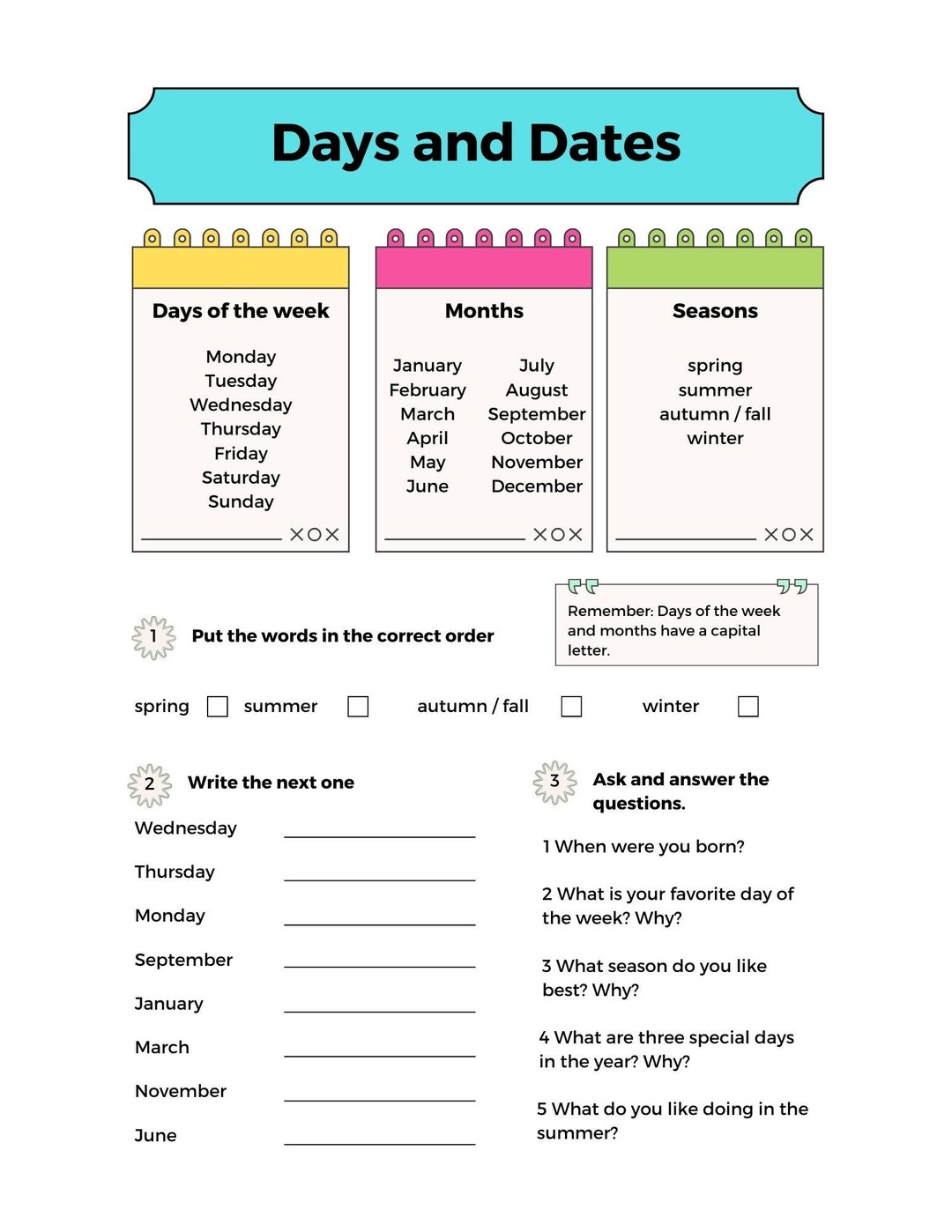Bright Simple English Days and Dates Worksheet - Etsy