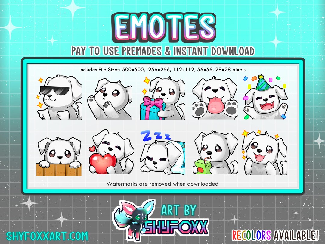 White Dog Emotes Digital Files for Twitch, Tiktok, Discord Etc ...