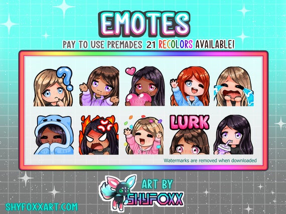 Chibi Girl Premade Emote Pack RECOLORS in Pink Purple & Blue - Etsy UK