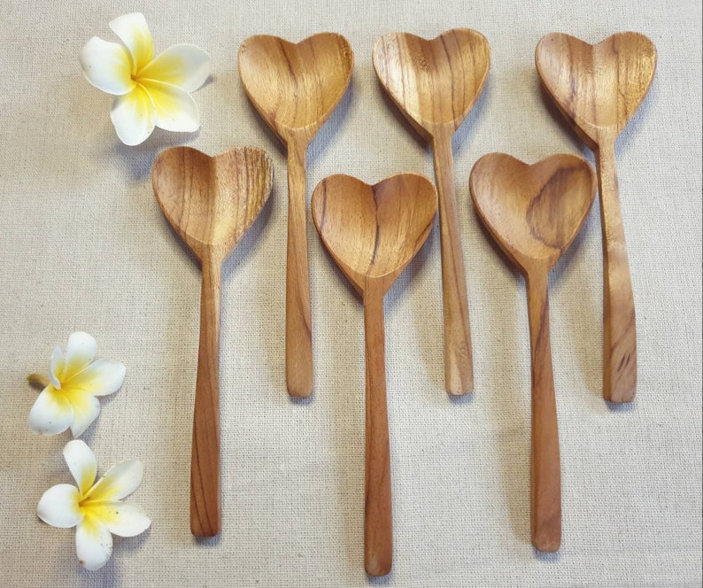 Set of 6 Wood Heart Spoons, Drink Stirrers, Natural Home Decor, Vegan ...
