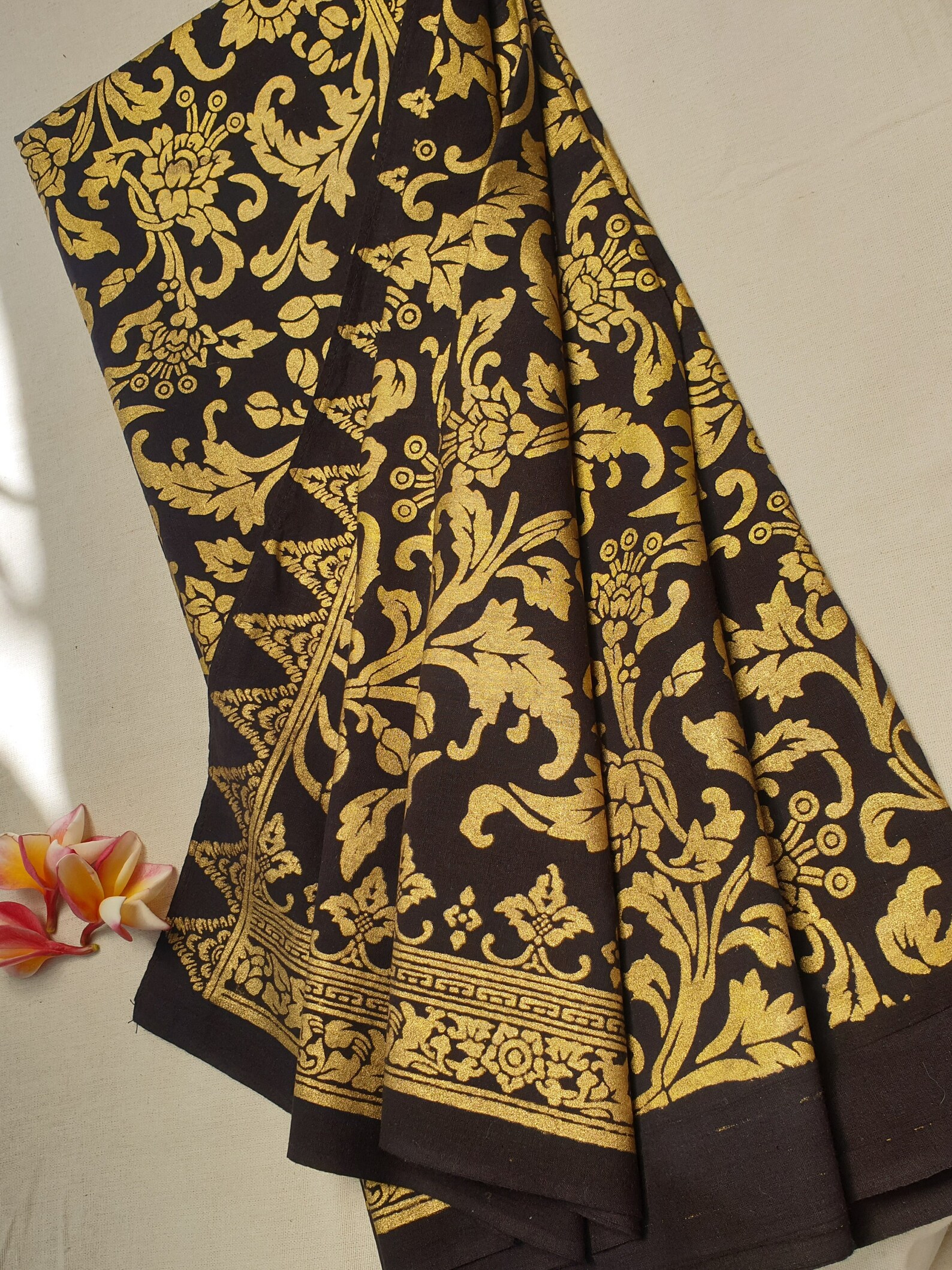 Sarong Batik, Pareo,, Beach Wrap. Gold Swirling Pattern on Black Cotton ...