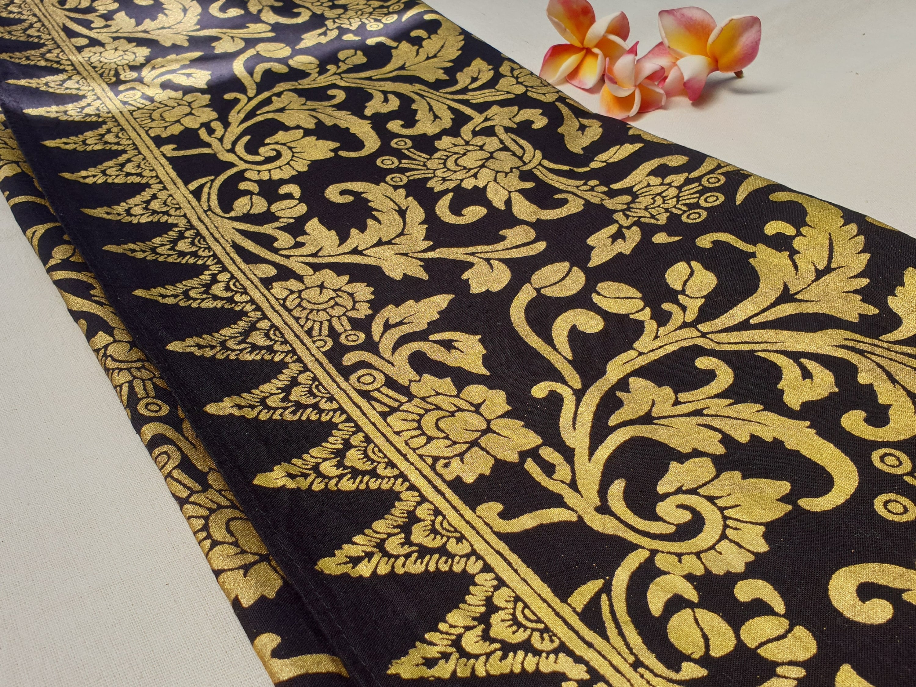 Sarong Batik, Pareo,, Beach Wrap. Gold Swirling Pattern on Black Cotton ...