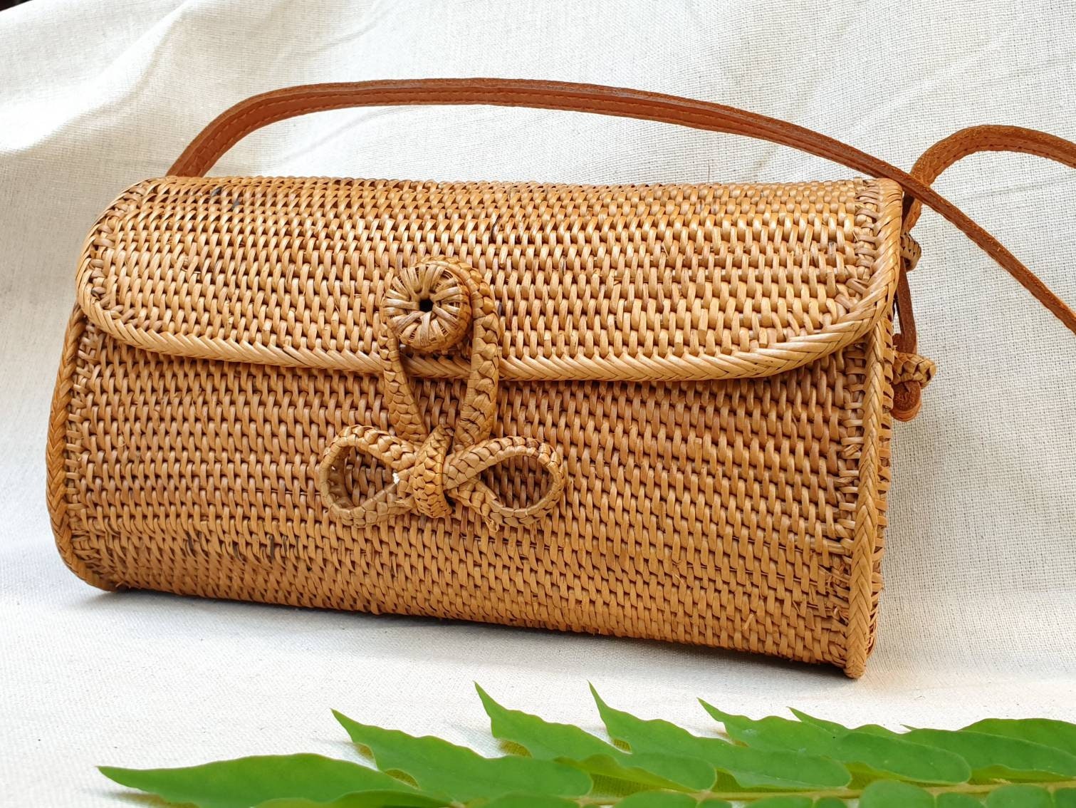 Natural Rattan Handbag With a Leather Shoulder Strap. Ata - Etsy