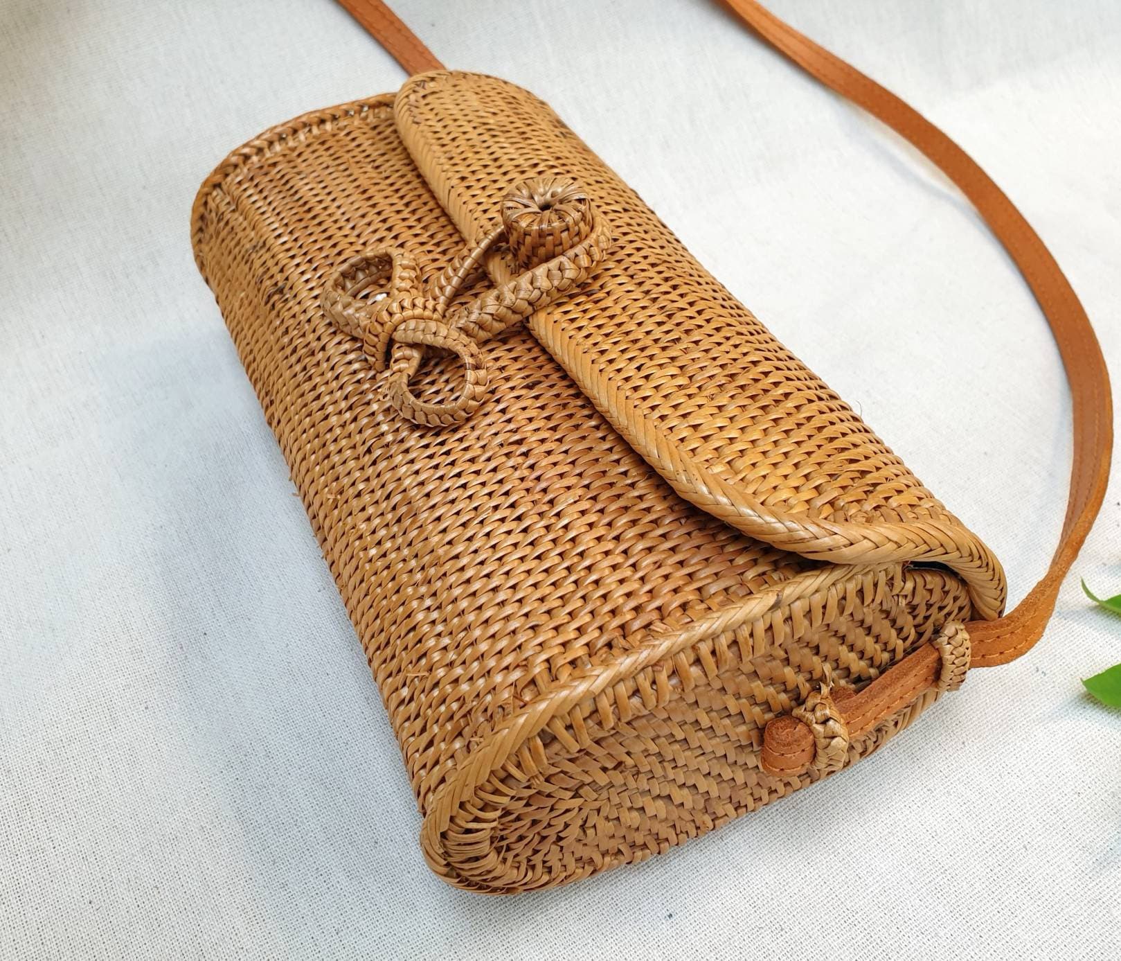 Natural Rattan Handbag With a Leather Shoulder Strap. Ata - Etsy