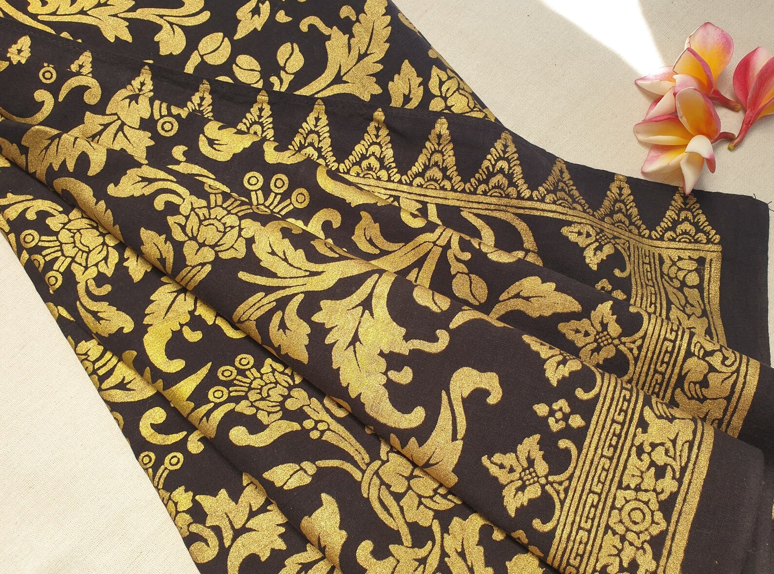 Sarong Batik, Pareo,, Beach Wrap. Gold Swirling Pattern on Black Cotton ...