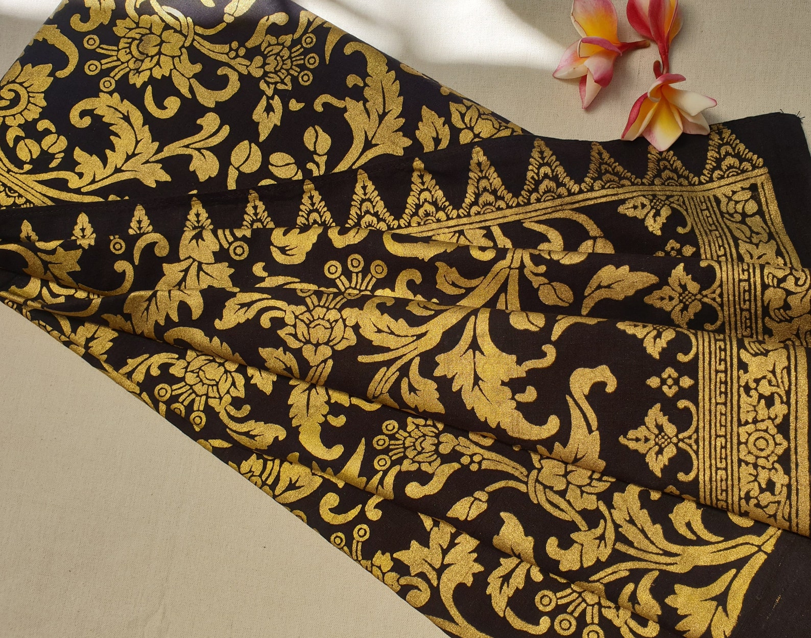 Sarong Batik, Pareo,, Beach Wrap. Gold Swirling Pattern on Black Cotton ...