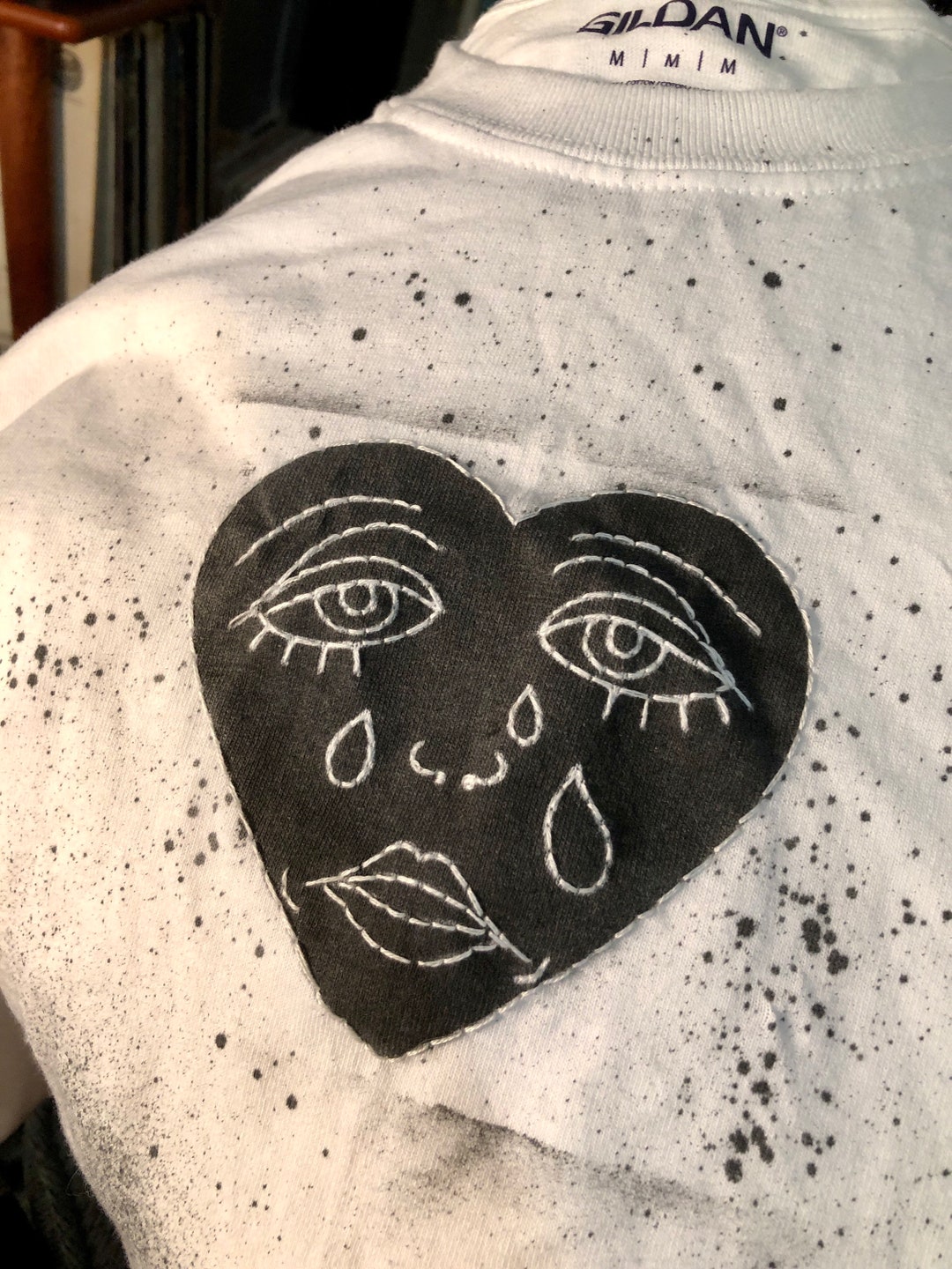 Embroidered Sad Face Heart T Shirt - Etsy