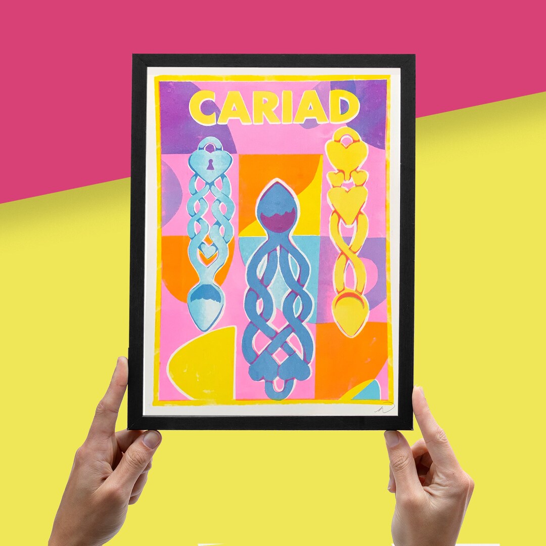 Cariad Love Risograph A4 Print // Love Spoons Welsh Print // Welsh Wall ...