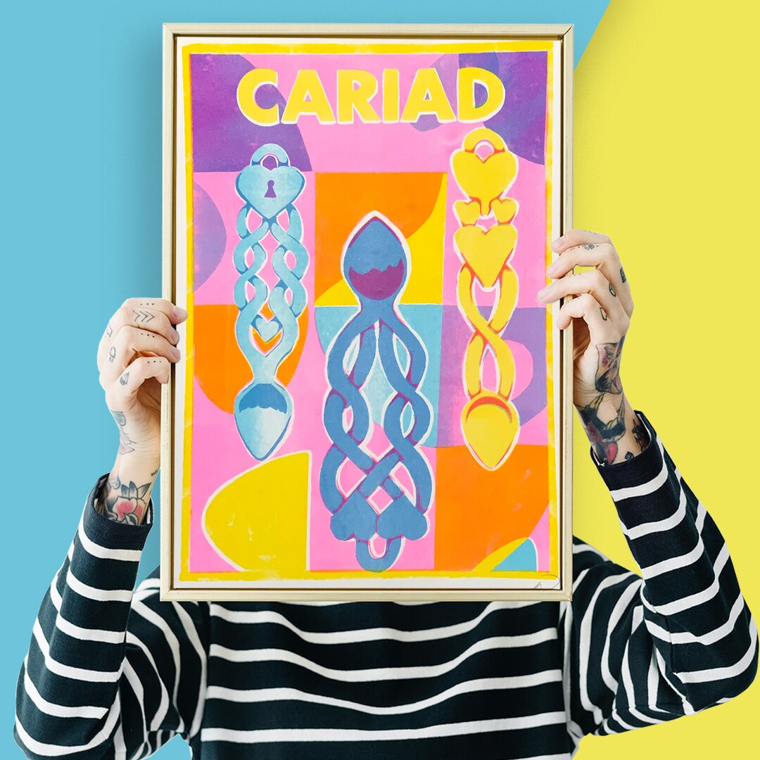 Cariad Love Risograph A3 Print // Love Spoons Welsh Print // Welsh Wall ...