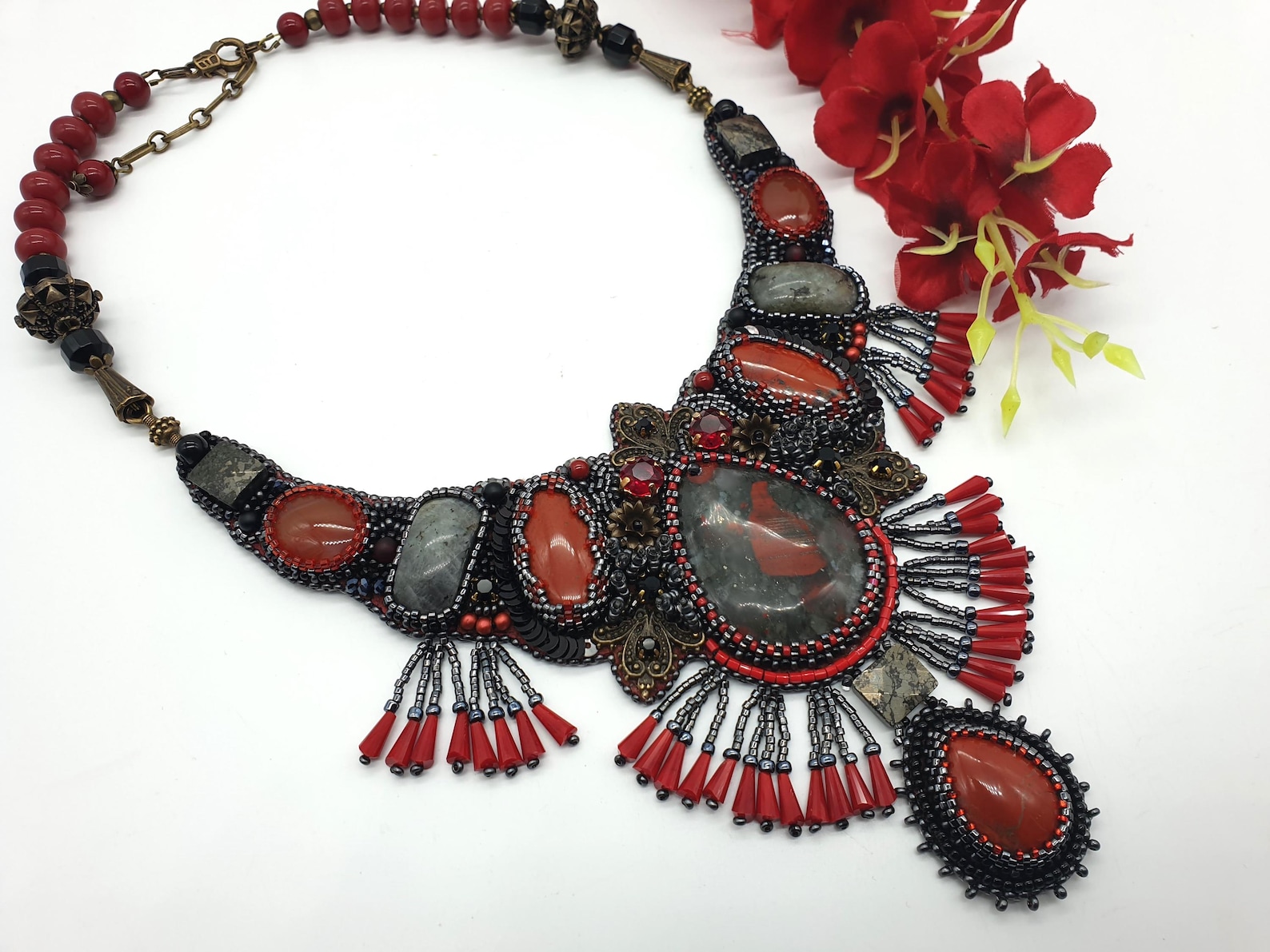 Luxury Long Red Pendant Necklace/ooak Necklace/special Occasion ...