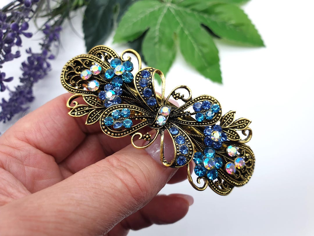 Vintage Style Hair Clip – Blue Crystal Floral Barrette – Antique Gold ...