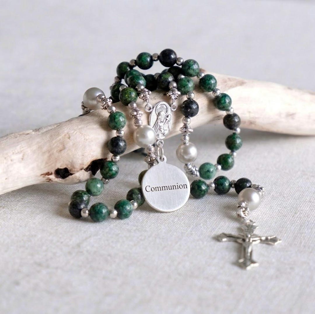Catholic Rosary, Real Stone Beads Our Lady Medal Centre, Prayer Beads ...