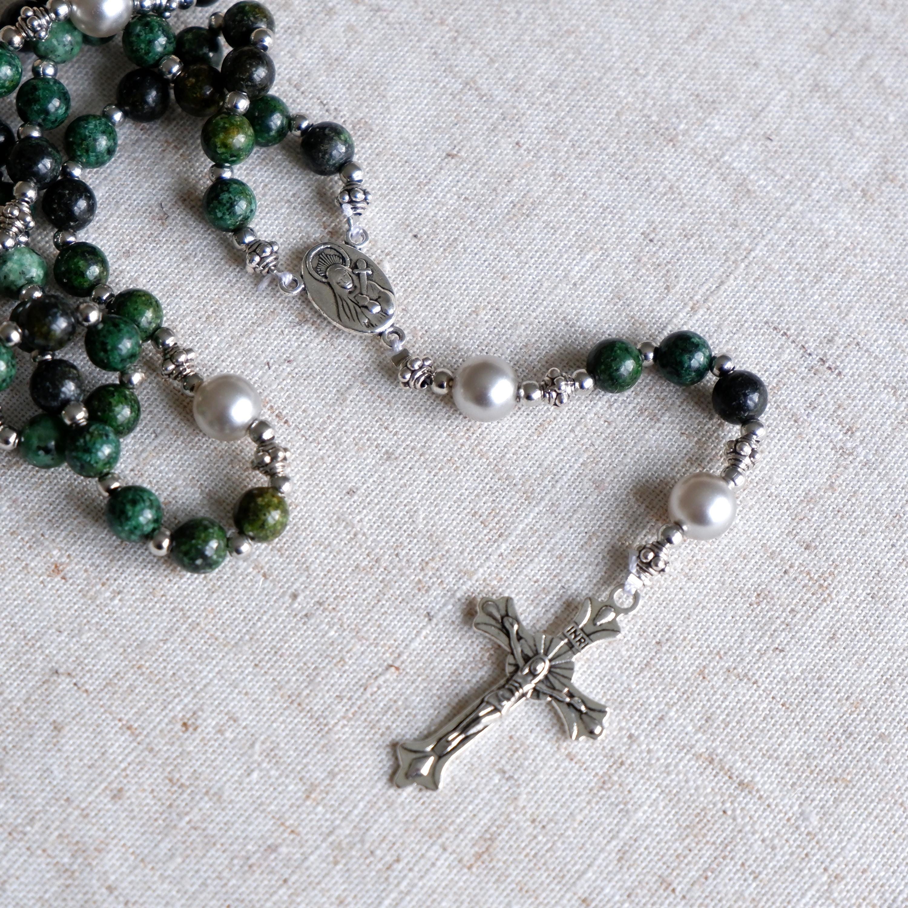 Catholic Rosary, Real Stone Beads Our Lady Medal Centre, Prayer Beads ...