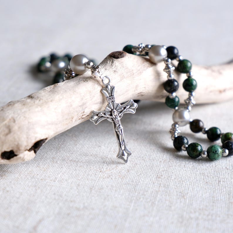 Catholic Rosary, Real Stone Beads Our Lady Medal Centre, Prayer Beads ...
