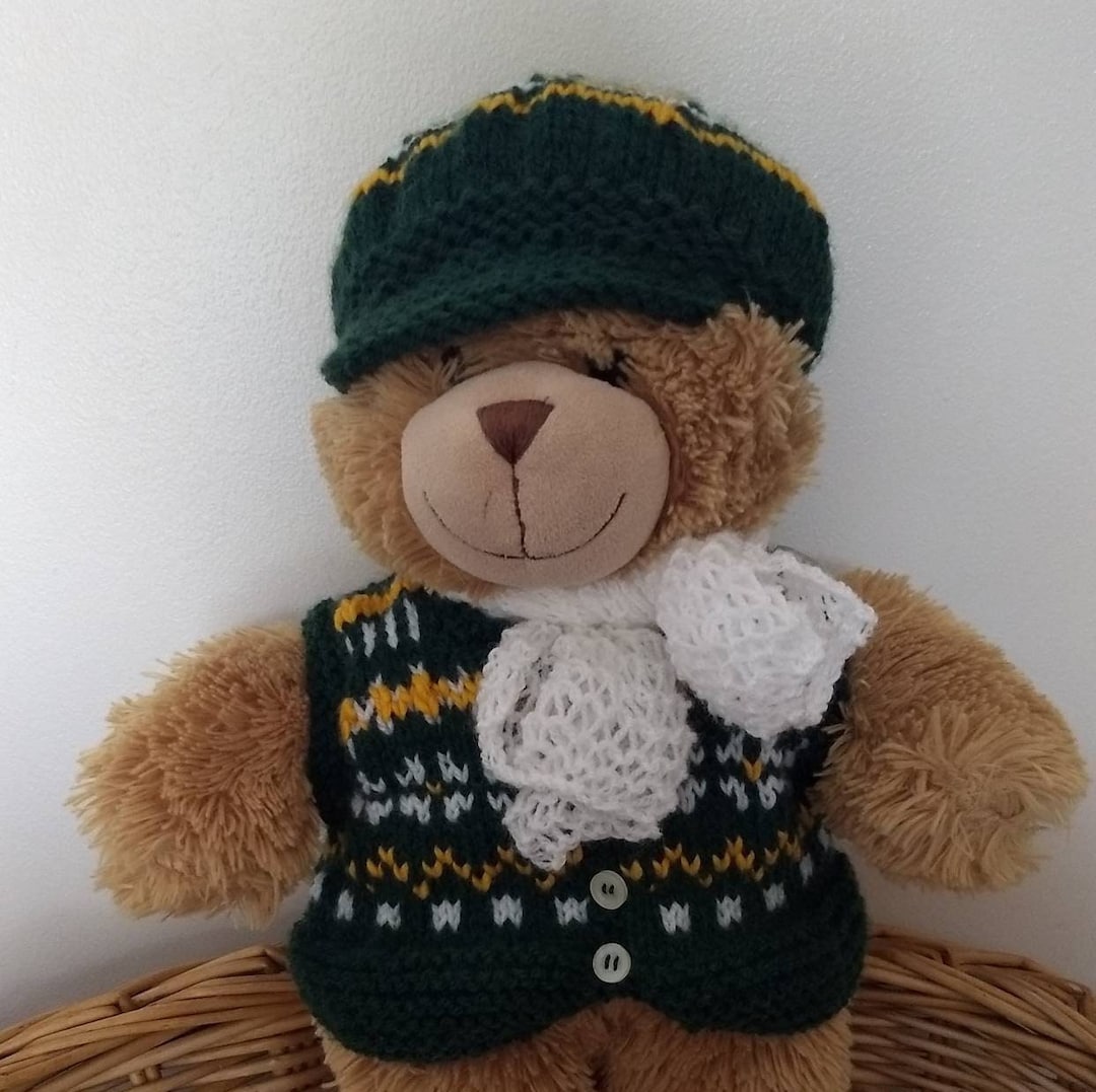 Teddy Bear Clothes, Plushie Knit, Fairisle, Waistcoat, Cap, Scarf ...