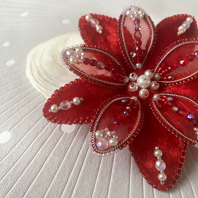 Red Flower Pin, Velvet Poinsettia Brooch, Bead Embroidered Lapel Pin ...