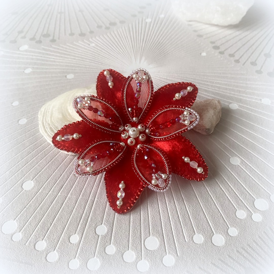 Red Flower Pin, Velvet Poinsettia Brooch, Bead Embroidered Lapel Pin ...