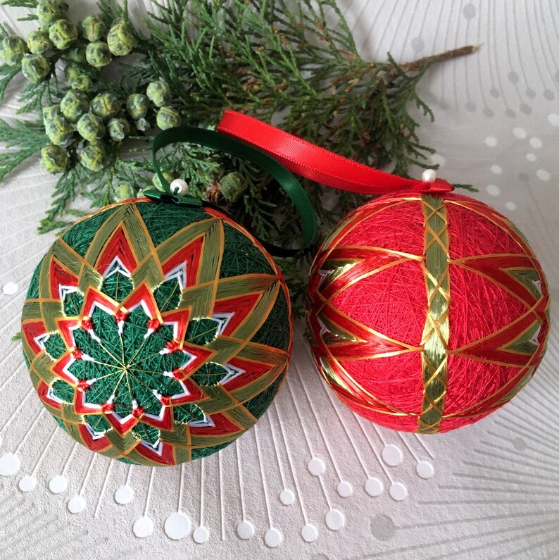 Christmas Temari Balls, Red, Green Star Ornaments, Hand Embroidered ...