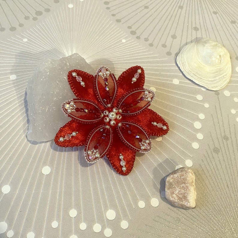 Red Flower Pin, Velvet Poinsettia Brooch, Bead Embroidered Lapel Pin ...