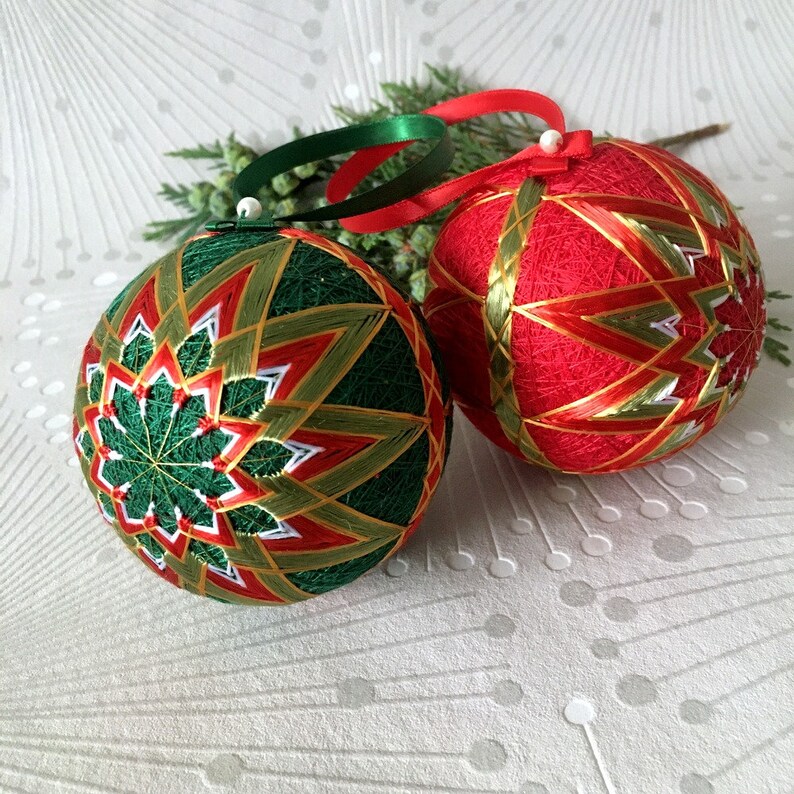 Christmas Temari Balls, Red, Green Star Ornaments, Hand Embroidered ...