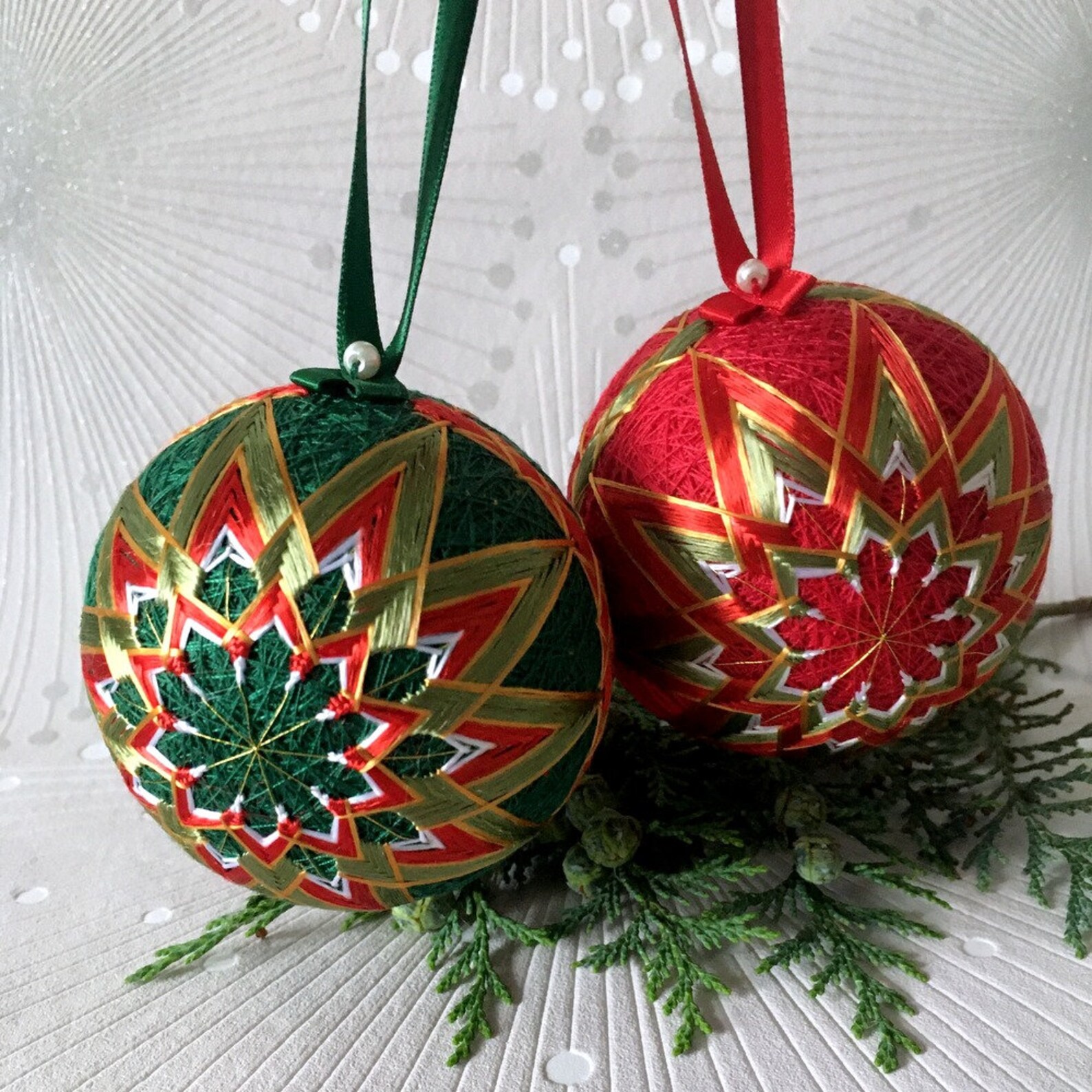 Christmas Temari Balls, Red, Green Star Ornaments, Hand Embroidered ...