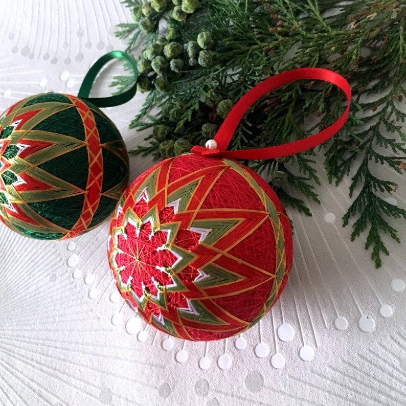 Christmas Temari Balls, Red, Green Star Ornaments, Hand Embroidered ...