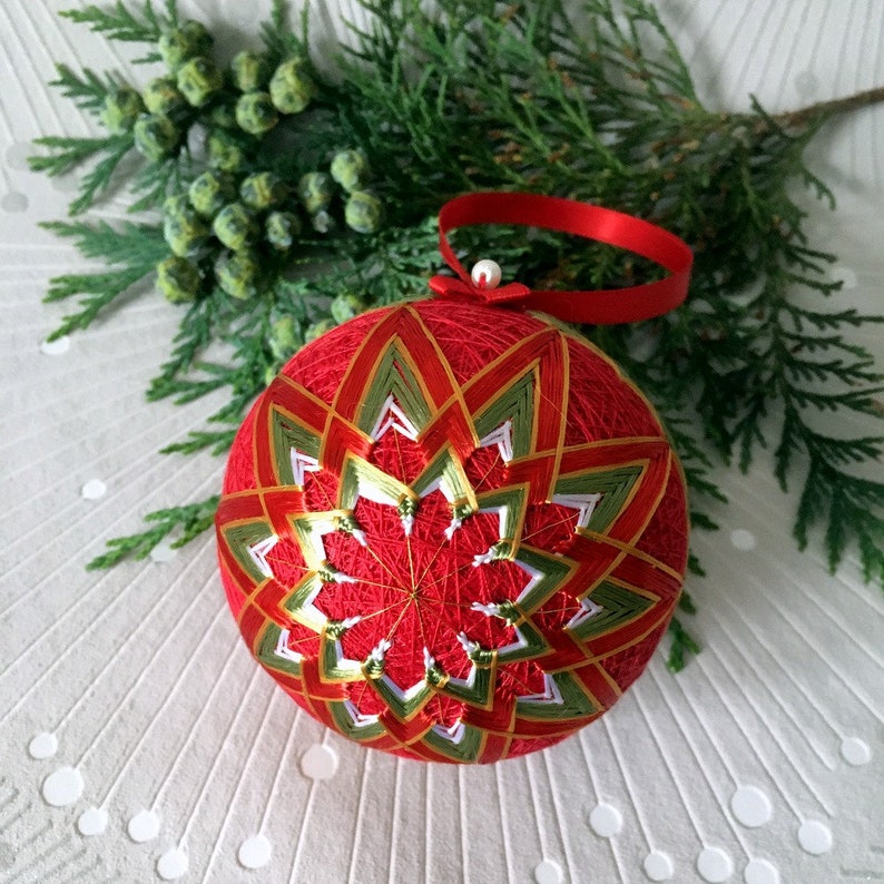Christmas Temari Balls, Red, Green Star Ornaments, Hand Embroidered ...
