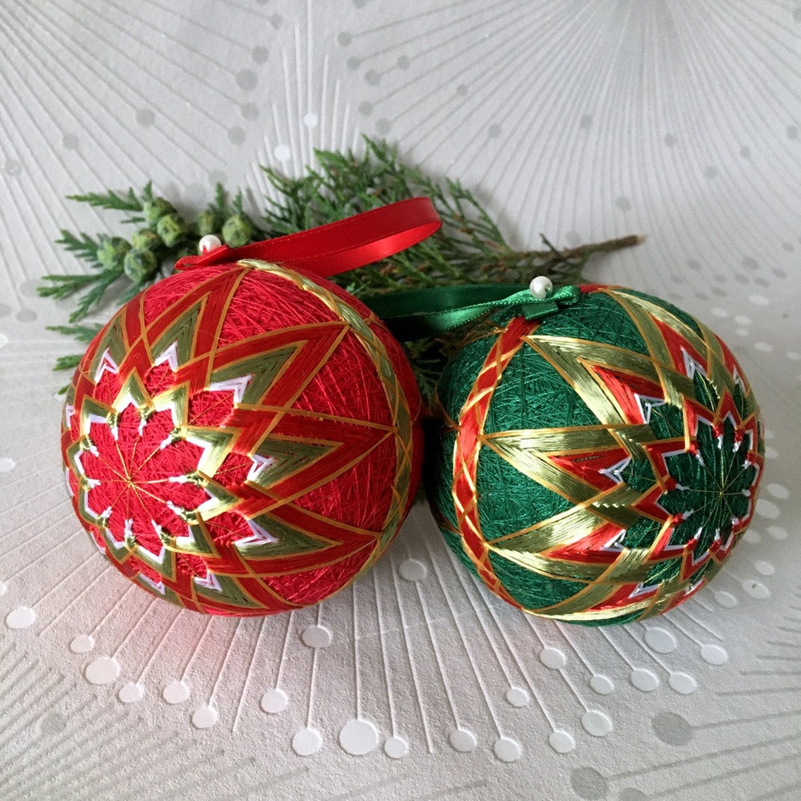 Christmas Temari Balls, Red, Green Star Ornaments, Hand Embroidered ...