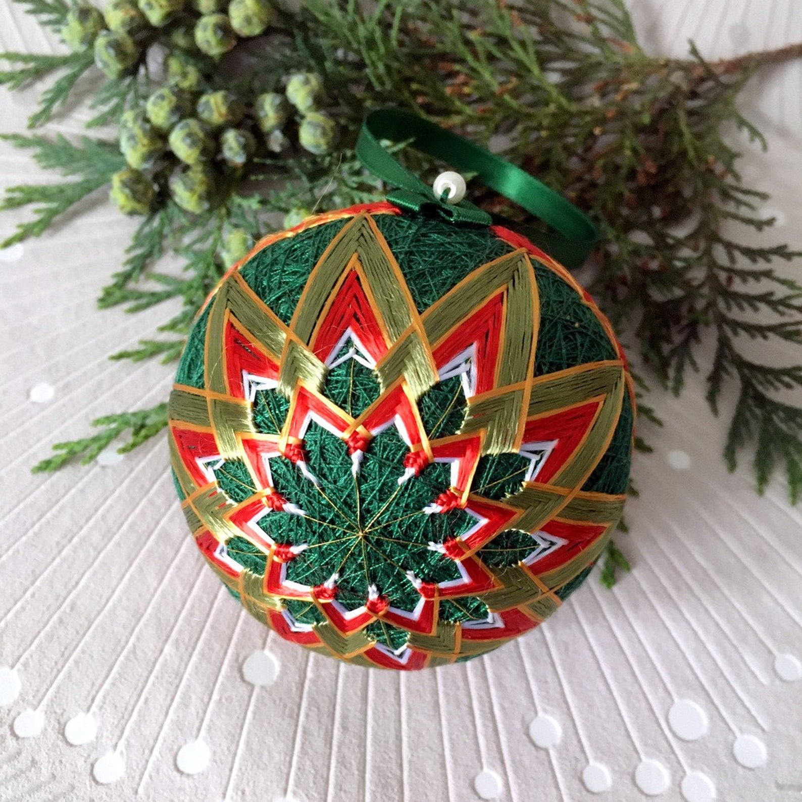 Christmas Temari Balls, Red, Green Star Ornaments, Hand Embroidered ...