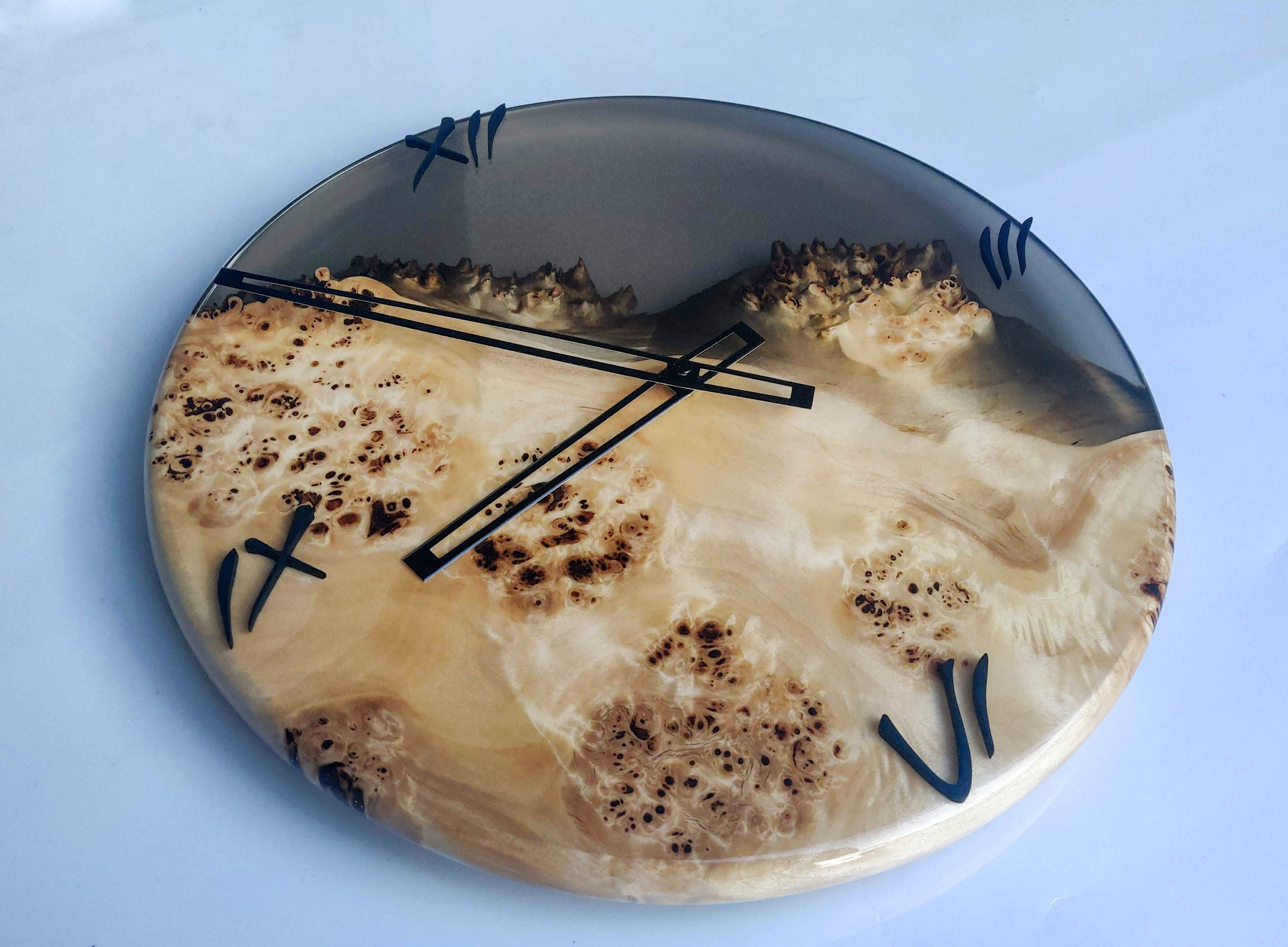 SOLD Black Semi-translucent Epoxy Resin Wall Clock Mappa Burl Wood SOLD ...